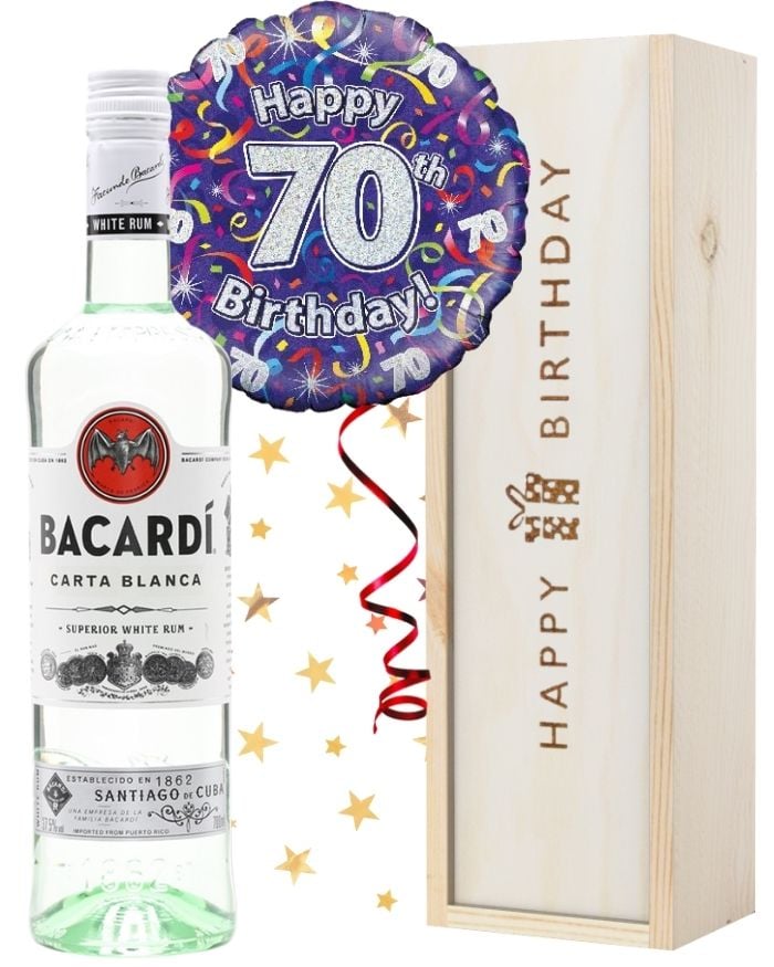 70th Birthday Bacardi Rum and Balloon Gift - Next Day Delivery UK