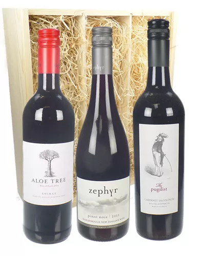 🍷 Tri-Nation Red Three Bottle Wine Gift in Wooden Box